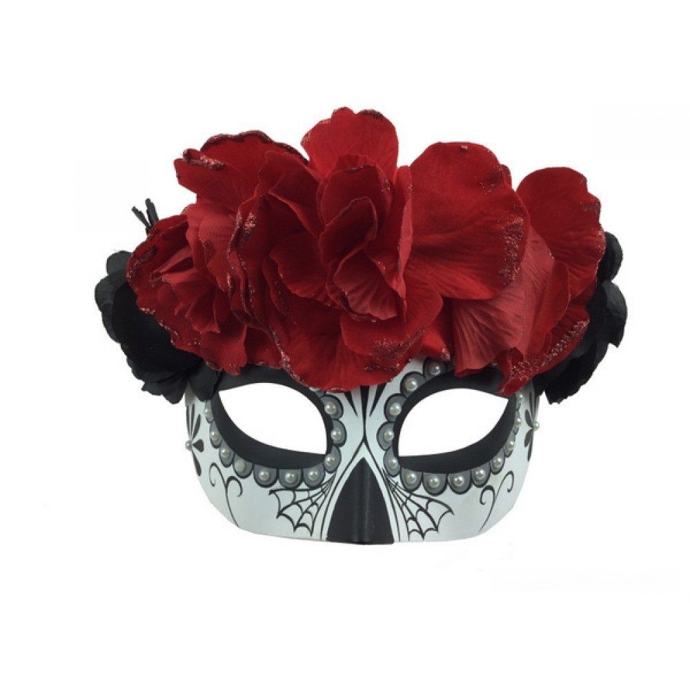Day of the Dead Half Mask with Red Flowers | Fiesta Party Supplies